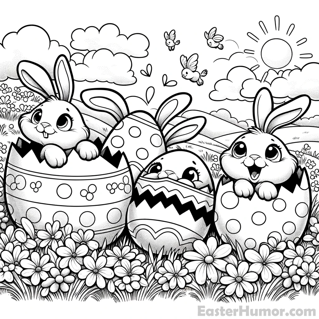 Funny Easter Coloring Page - Bunnies Hatching from Eggs
